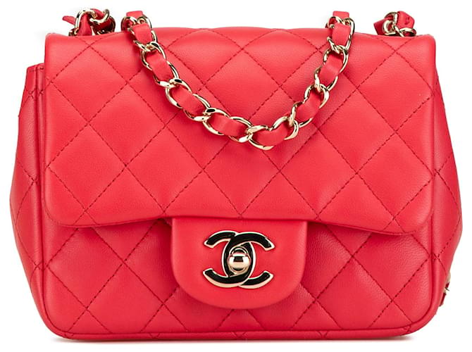 Chanel Red Mini Square Classic Lambskin Single Flap Leather ref.1976079 ...
