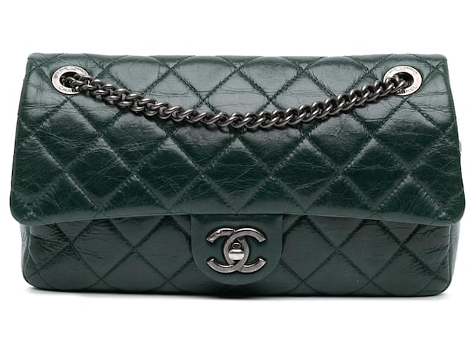 Chanel Green Medium Glazed Calfskin Duo Color Flap Dark green Leather ...