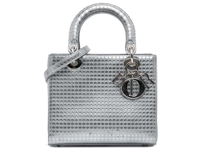 Dior Silver Medium Patent Microcannage Lady Dior Silvery Leather Patent ...