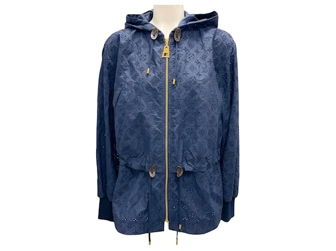 Louis Vuitton Navy Blue Hooded Zip-front Monogram Eyelet Jacket Cotton ...