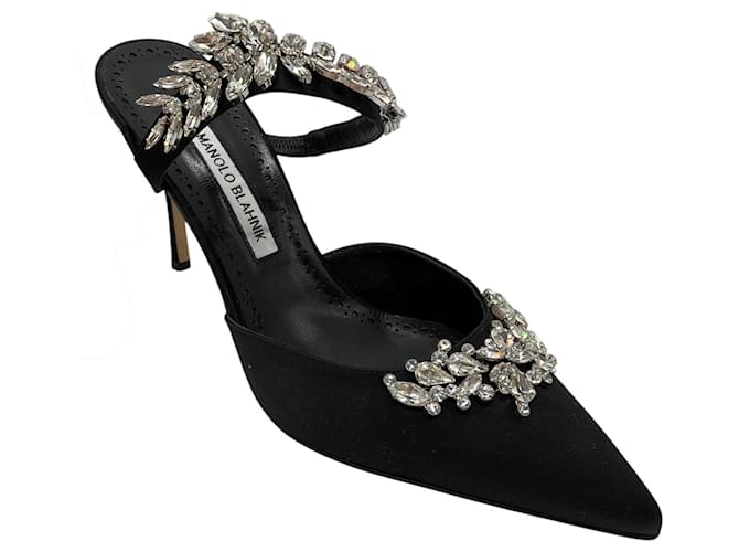 Manolo Blahnik Black Lurum 90 Embellished Satin Mule Cloth ref.1984649 - Joli Closet