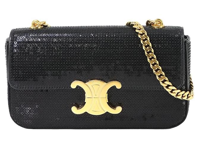 Céline CELINE Triomphe Sequin Chain Shoulder Bag Black Leather ref ...