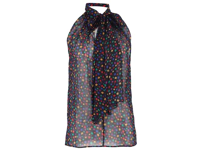 Saint Laurent Star Print Bow Detail Blouse in Black Silk Multiple ...