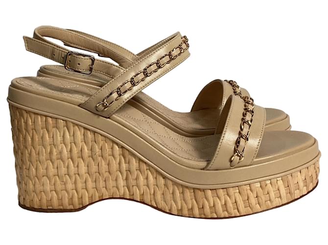 Timeless Chanel Chain Wedge Platform Sandals in Beige Lambskin Leather ...