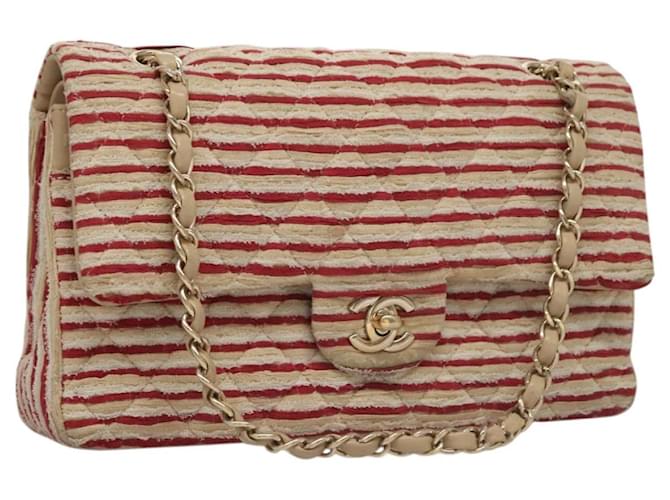 CHANEL Matelasse 25 Border Double Flap Chain Hand Cotton Red CC Auth ...