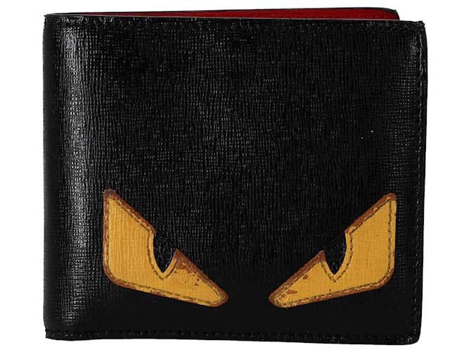 Fendi Monster Bifold Wallet Compact in Black Leather Yellow Camel ref ...
