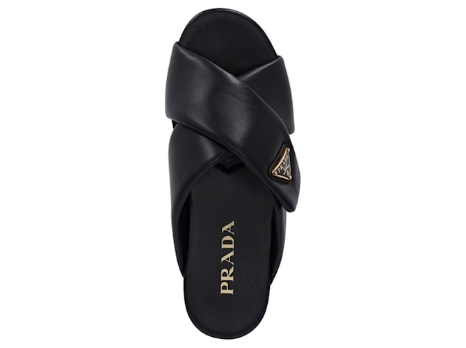 PRADA BLACK LOGO SLIDE SANDALS Leather ref.2100396 - Joli Closet