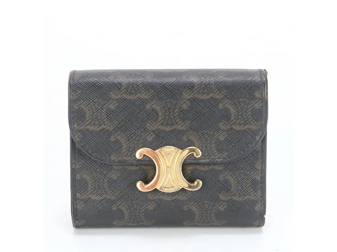 Céline Celine Triomphe Small Flap Wallet Brown Leather Cloth ref.2102622 - Joli Closet