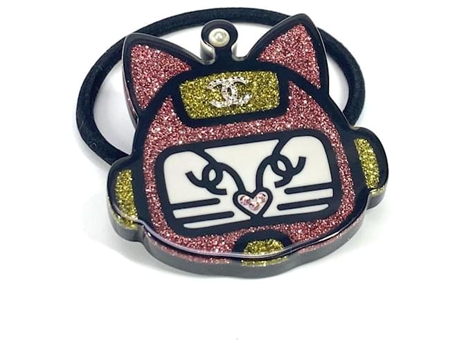 Chanel 17S Cat Glitter Logo Hair Tie Black Pink Plastic ref.2105470 ...