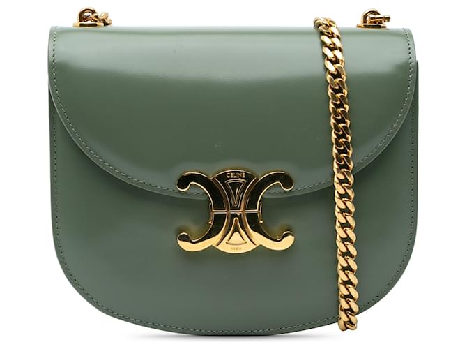 Céline Celine Green Shiny Calfskin Triomphe Besace Clea Chain Crossbody ...