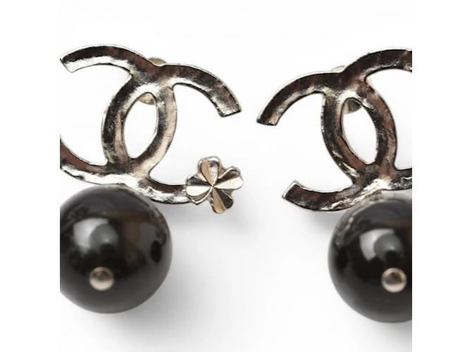 Chanel CC Mark Clover Swing Ball Earrings Black Silvery Gold-plated ref ...