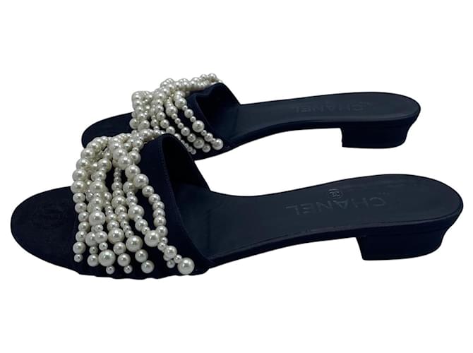 Chanel Classic Black White Pearl Slides Flats Sandals EU 39 Leather ref ...