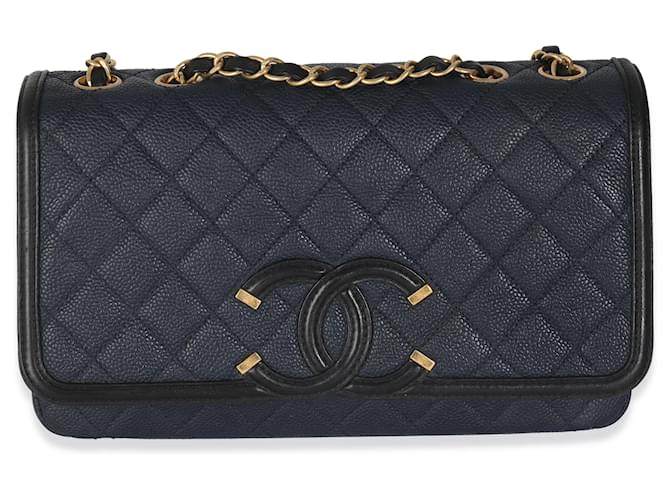 Timeless Chanel Navy Black Quilted Caviar Medium CC Filigree Flap ...
