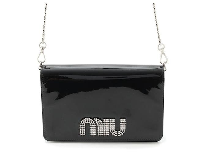 Miu Miu Patent Rhinestone Logo Chain Crossbody Bag Black Enamel ref ...