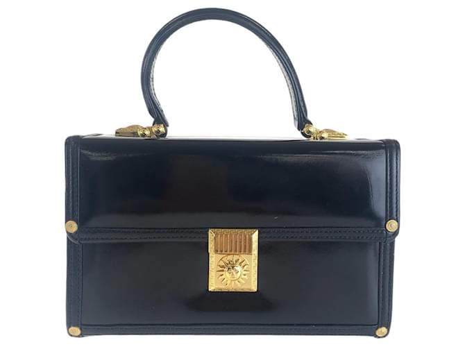 Versace Vintage Sunburst Black Gold Hardware Enamel Handbag Leather ref ...