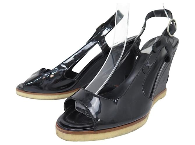 CHANEL SHOES WEDGE SANDALS PATENT LEATHER AND BLACK CANVAS 40 ref ...