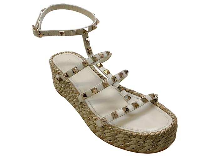 Valentino Ivory Leather Gold Rockstud Rope Flatform Sandals Golden ref ...
