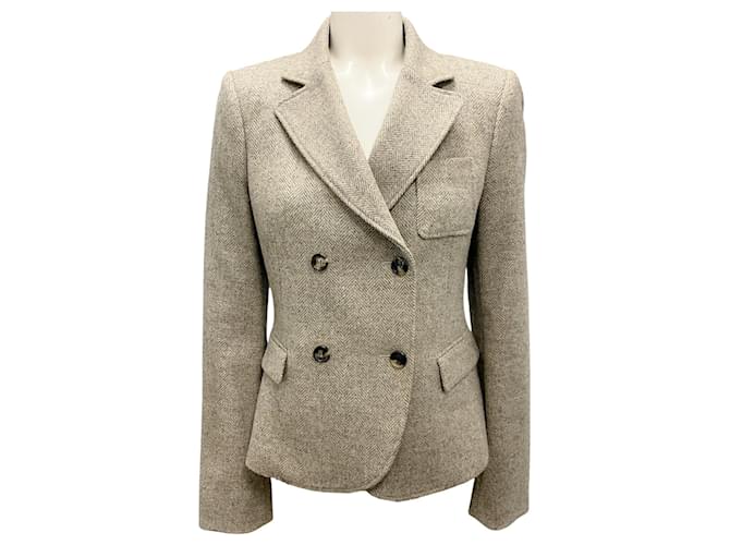 Loewe Grey / Beige Melange Tailored Double Breasted Herringbone Pattern ...