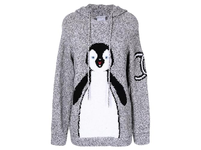 Chanel Collectors Trophy Bouclé CC Penguin Hoodie 42 FR Grey Silk ref ...