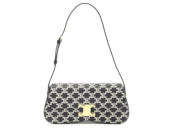 Céline Celine Medium Laura Shoulder Bag PVC Coated Canvas Leather Black ...