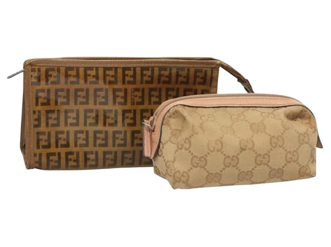 FENDI Gucci GG Canvas Zucchino Canvas Pouch 2Set Beige Auth SW1080 ref ...