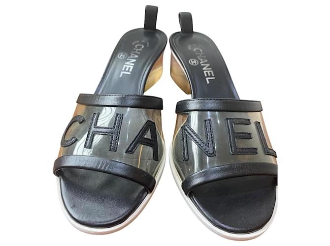 Chanel 19S Runway PVC Black Leather Letters Resin Block Heel Mule ...