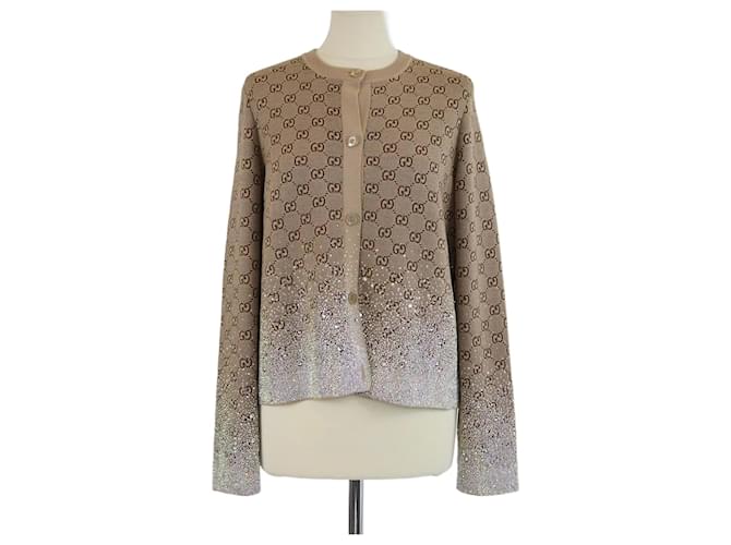 Gucci Brown GG Monogram Gradient Crytsal Embellished Knitted Cardigan ...