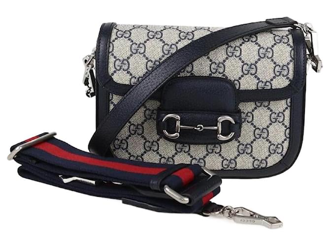 Gucci Navy Blue/Beige GG Supreme Small Horsebit 1955 Shoulder Bag (Sold ...