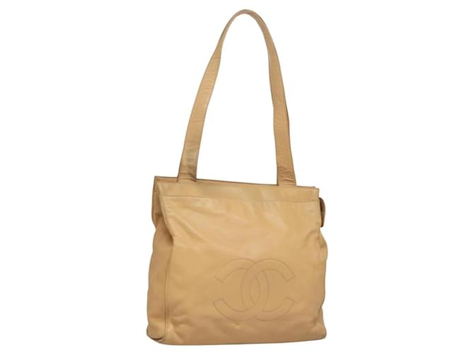 CHANEL COCO Mark Tote Bag Lamb Skin Beige Silver CC Auth 132122 Silvery ...