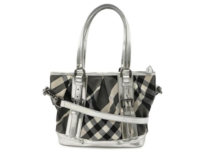 Burberry Beat Check Nylon Patent Leather 2way Tote Bag Black Silvery ...