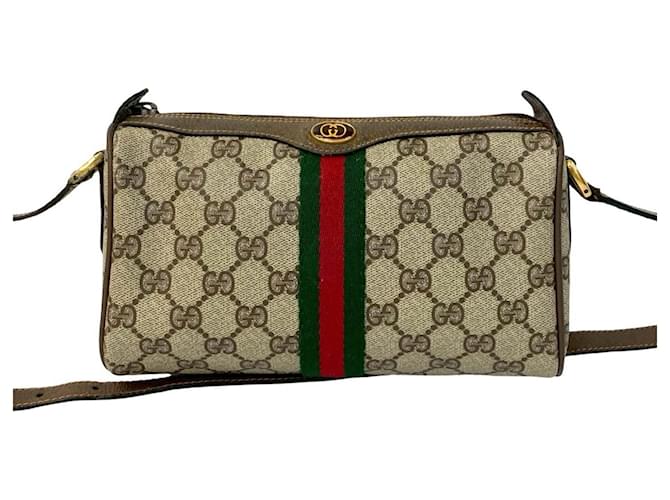 Gucci Vintage Sherry Line GG Logo Leather Shoulder Bag Brown Red Green ...