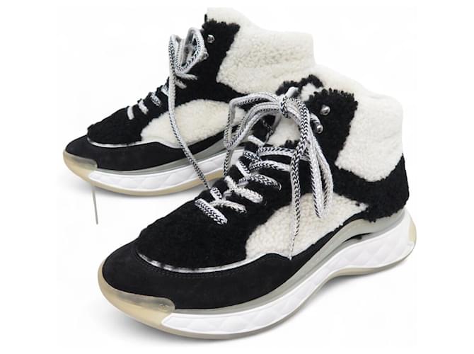 NEW CHANEL HIGH TOP SHEARLING TRAINERS G35206 40.5 40 SNEAKERS Black ...