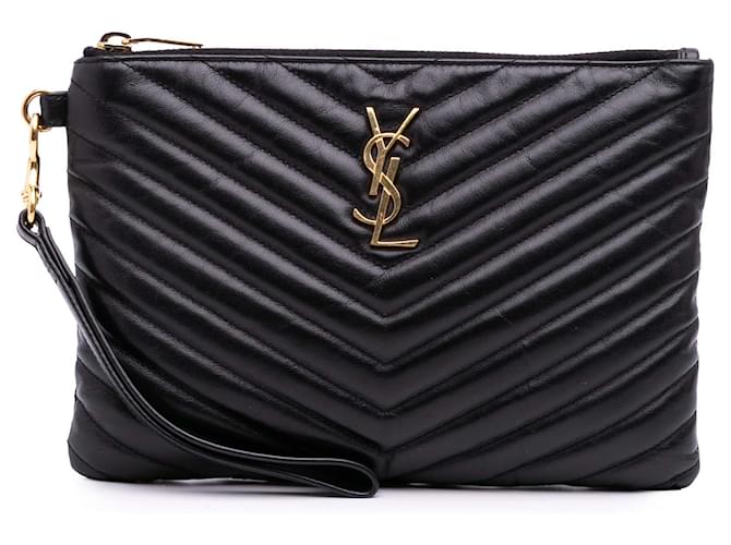 Saint Laurent Black Chevron Leather Monogram Zip A5 Wristlet Pouch Pony ...