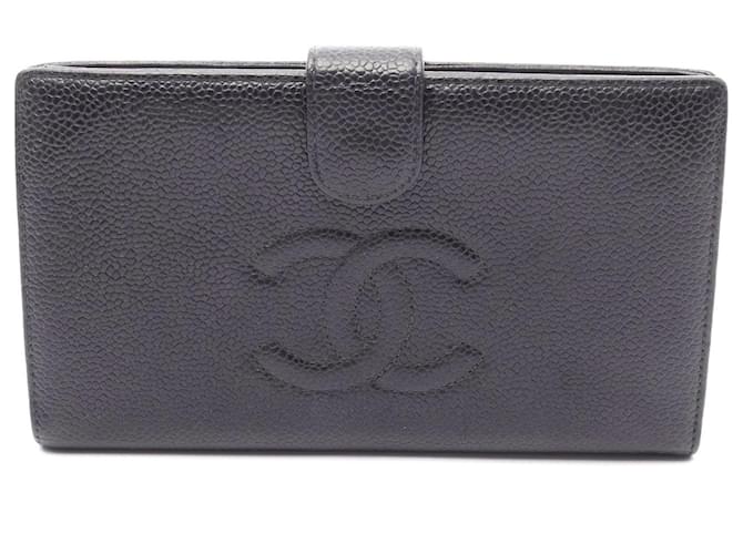 Chanel Caviar Skin Coco Mark Long Wallet Black Leather Pony-style ...