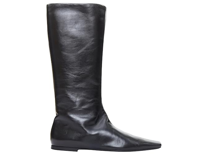 THE ROW Bette black leather square toes knee high flat boots EU37.5 ref ...