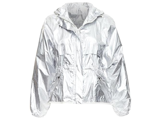 MONCLER silver coated cotton ruched waist hooded windbreaker Sz2 ...