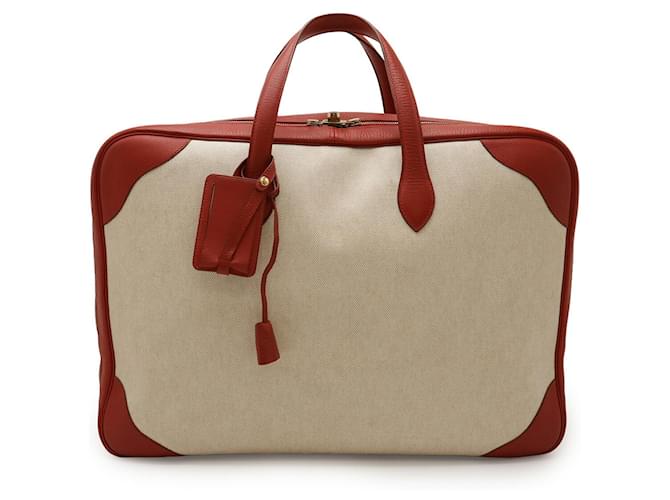 Hermès Hermes Victoria 50 Boston/Travel Bag in Beige and Red Leather ...
