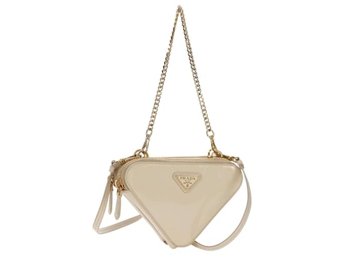 Prada Triangle Double Zip Pouch Bag with Chain Patent leather Beige ref ...