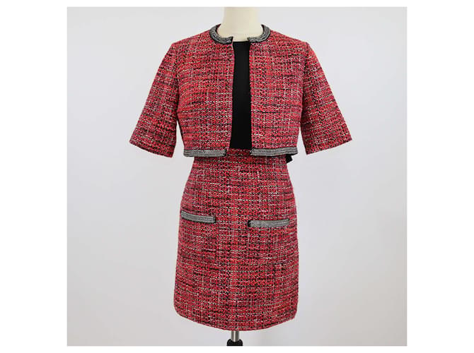 Maje Red Tweed Chain Detail Mini Dress and Crop Jacket Set Cloth ref ...
