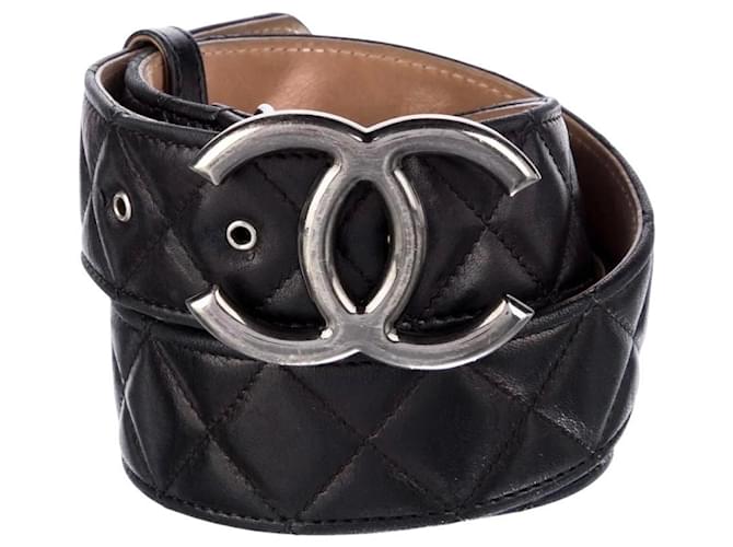 Chanel 10A Black Quilted Lambskin Ruthenium Silver CC Logo Belt 90/36 ...