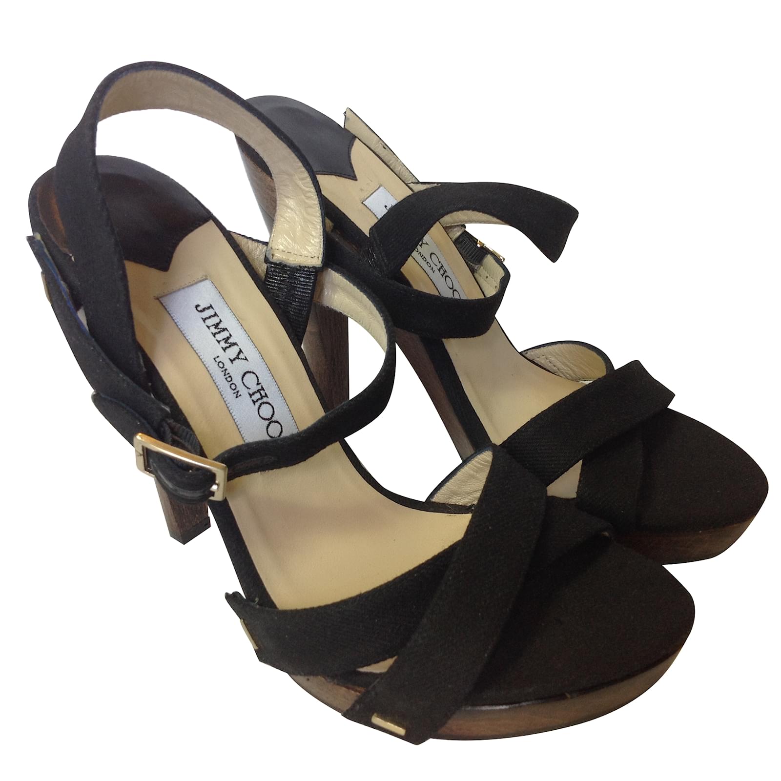 Jimmy Choo Denim black Brown Suede Cloth Wood ref.47766 - Joli Closet