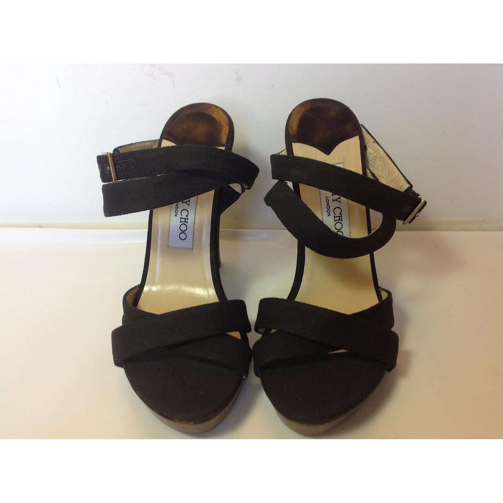 Jimmy Choo Denim black Brown Suede Cloth Wood ref.47766 - Joli Closet