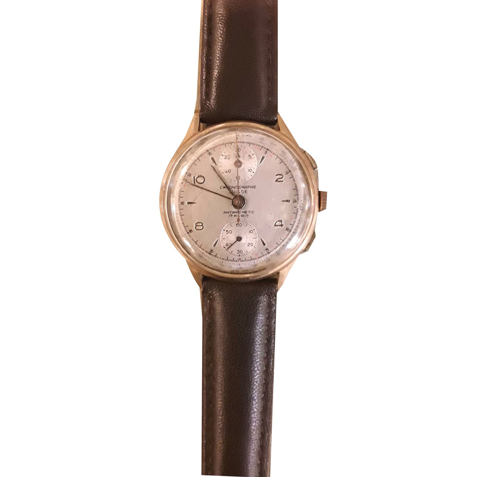 Chronographe Suisse Antimagnetic 17 Rubis Golden Dark brown Leather ... Chronographe Suisse Antimagnetic 17 Rubis Golden Dark brown Leather ...