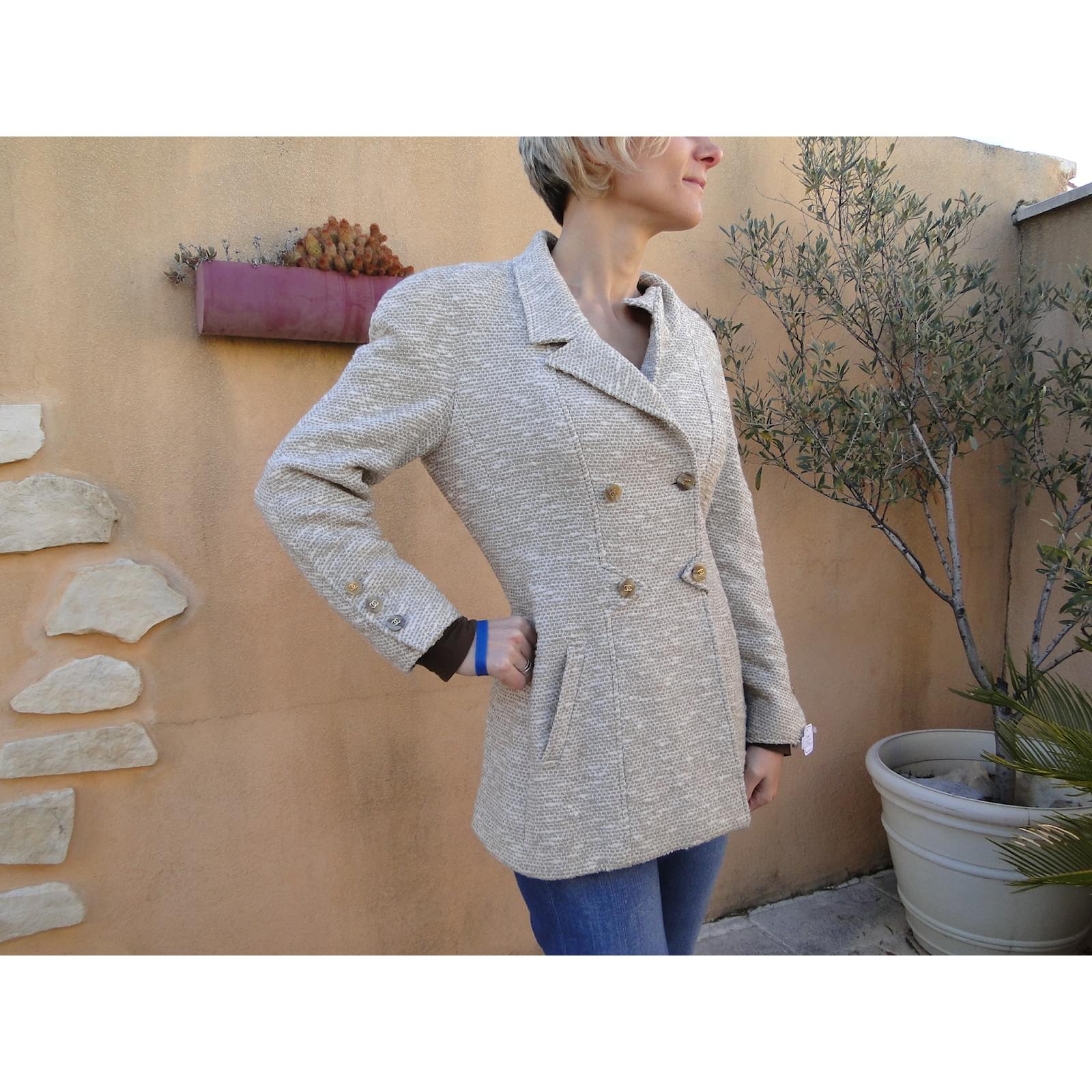 Chanel Vestes Soie Tweed Beige Crème ref.63272 - Joli Closet