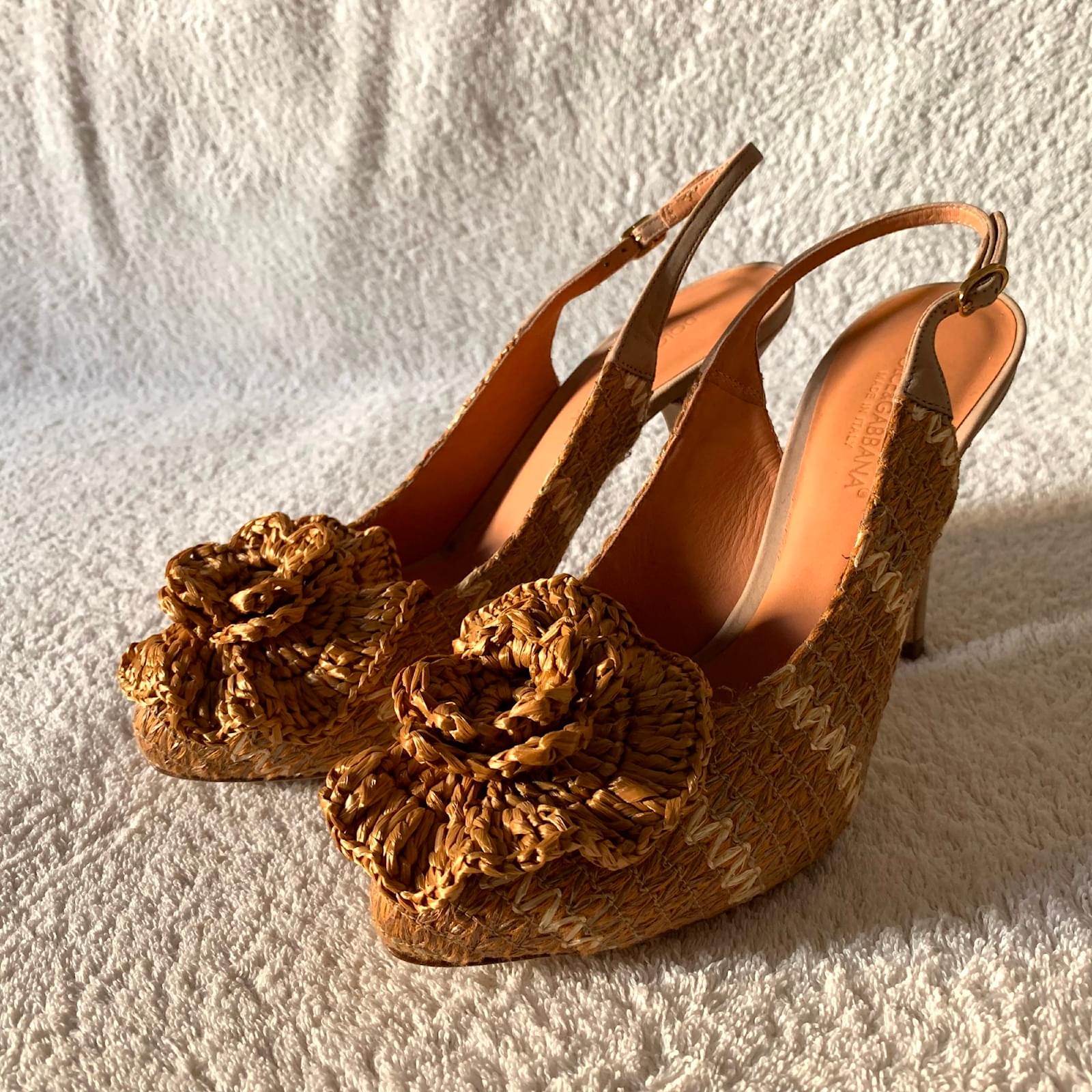 Dolce & Gabbana Raffia slingback sandals Beige Leather ref.99306 - Joli ...