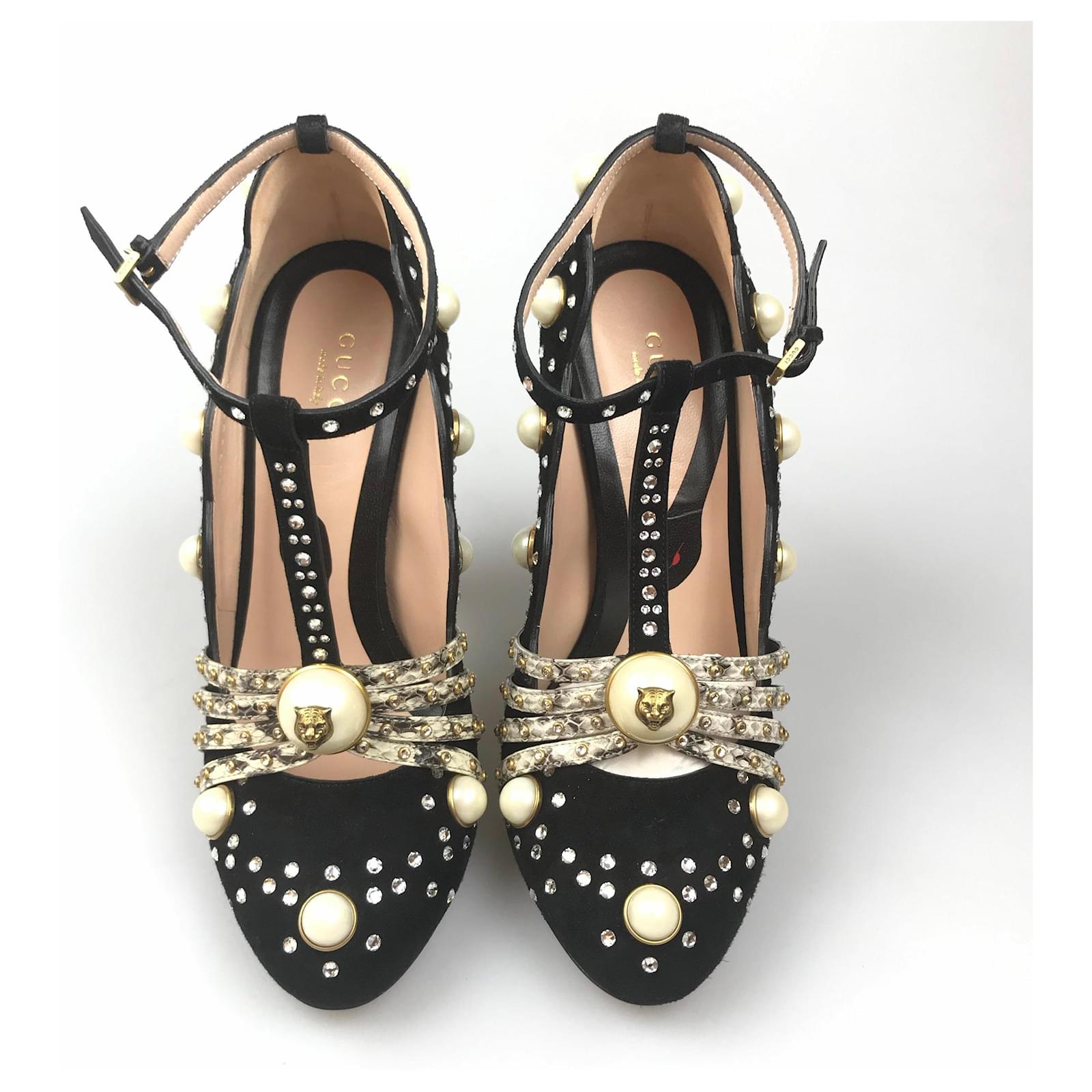 Talon T-Strap en daim à ornements noirs Gucci Suede Cuir Plastique ref ...