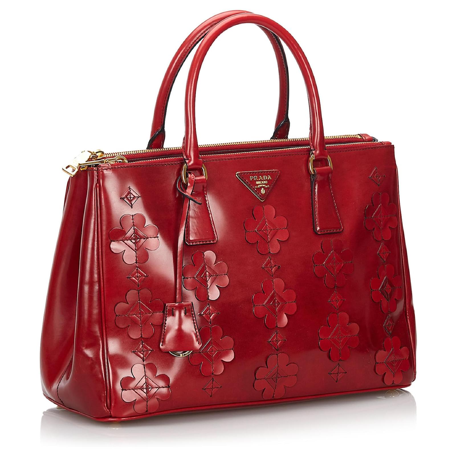 Prada Rouge Spazzolato Flowers Galleria Sac à main Cuir Cuir vernis ref ...