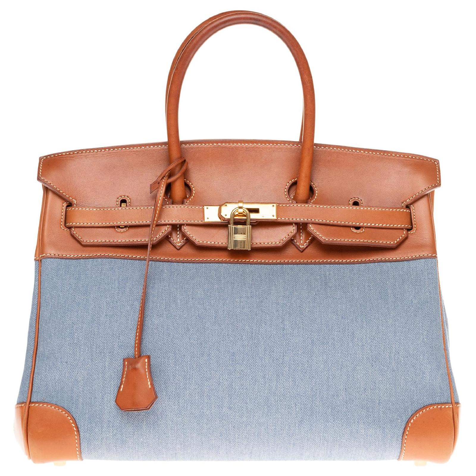 Hermès Birkin 35 bi-matière en toile bleue et cuir barénia fauve ...