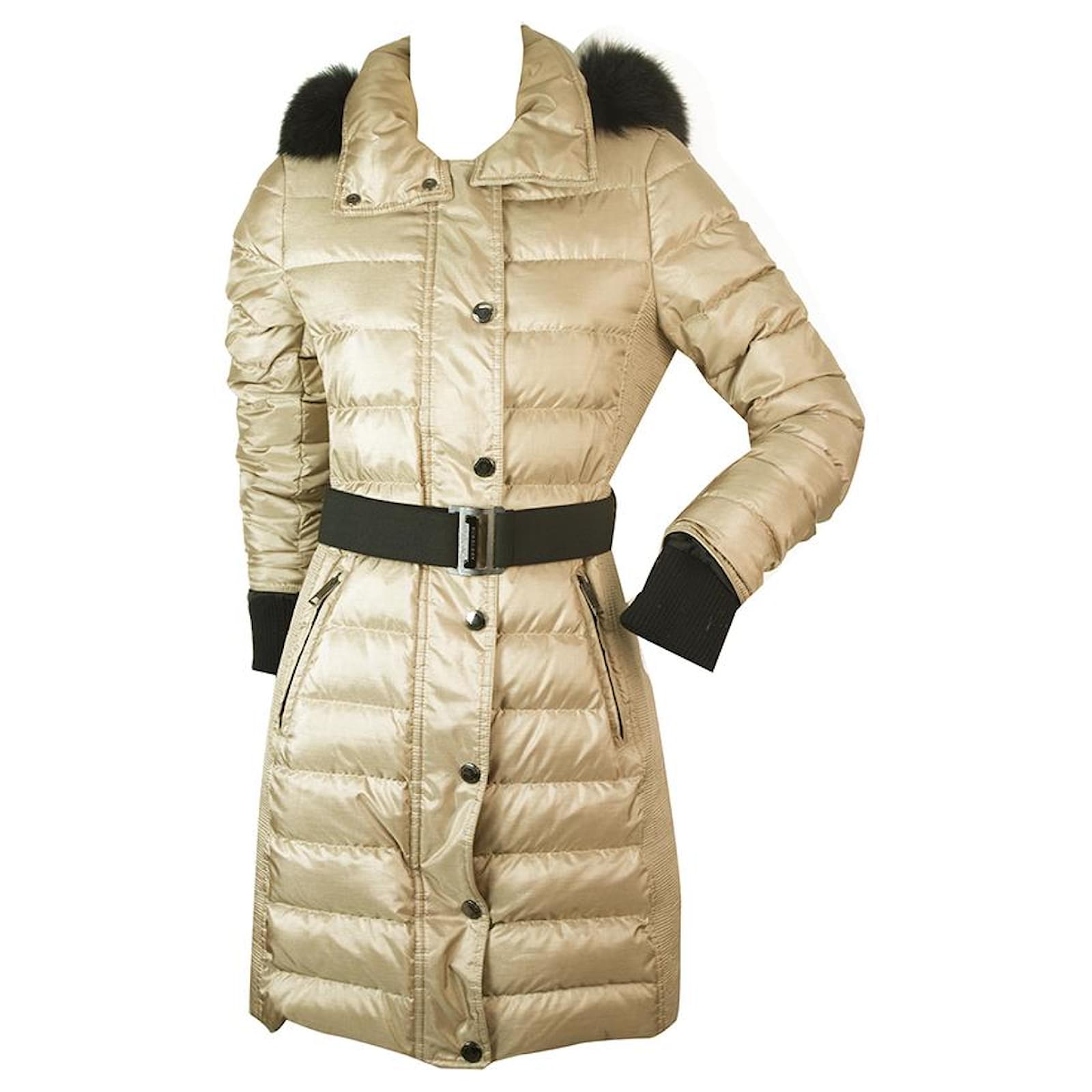 Burberry Beige Gold Quilted Puffer Winter Fur Hood Long Fitted Jacket ...