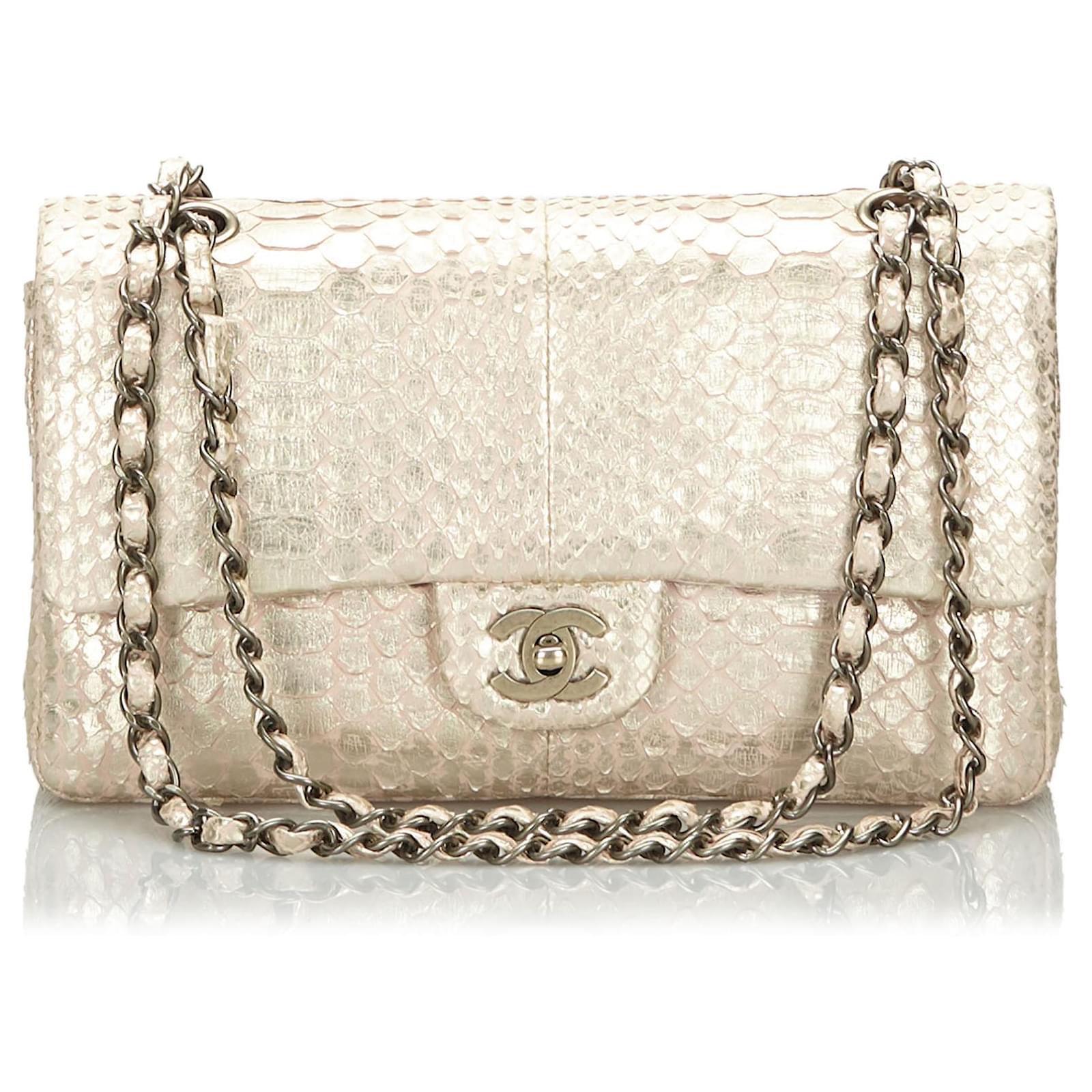 Sac à rabat en cuir python moyen classique doré Chanel Métal Rose ref.166773 - Joli Closet